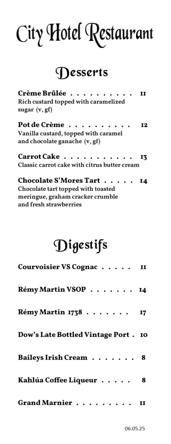 Dessert & Digestifs - Columbia City Hotel Restaurant